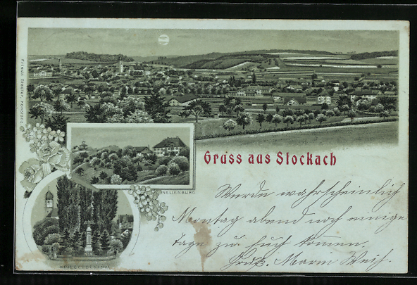Mondschein-Lithographie Stockach, Nellenburg, Kriegerdenkmal, Panorama ...